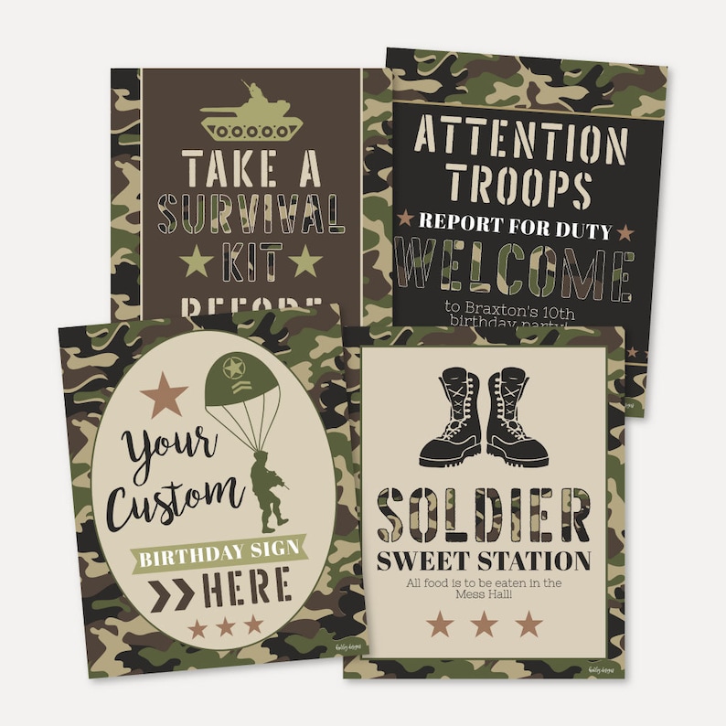 Camo Army Kids Party Sign Set Templates Custom Sign Favors | Etsy