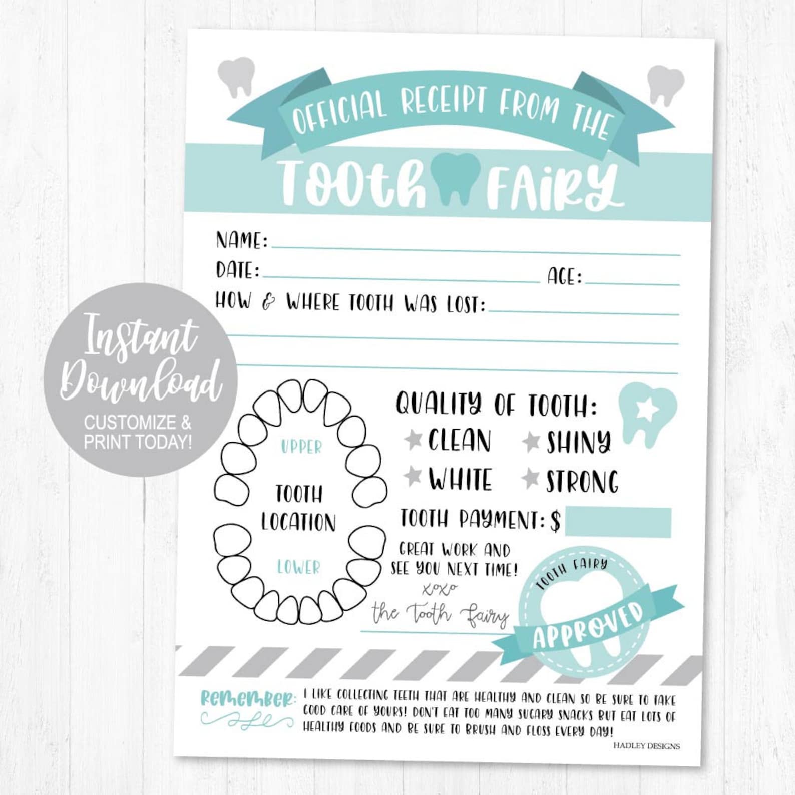 Tooth Fairy Receipt Printable, Lost First Tooth Certificate Template ...