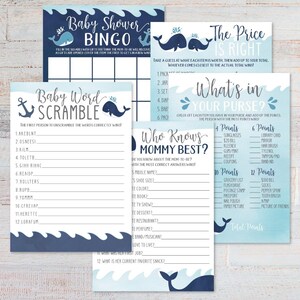 Whale Baby Shower Game Set Templates - Bingo, Word Scramble, the Price ...