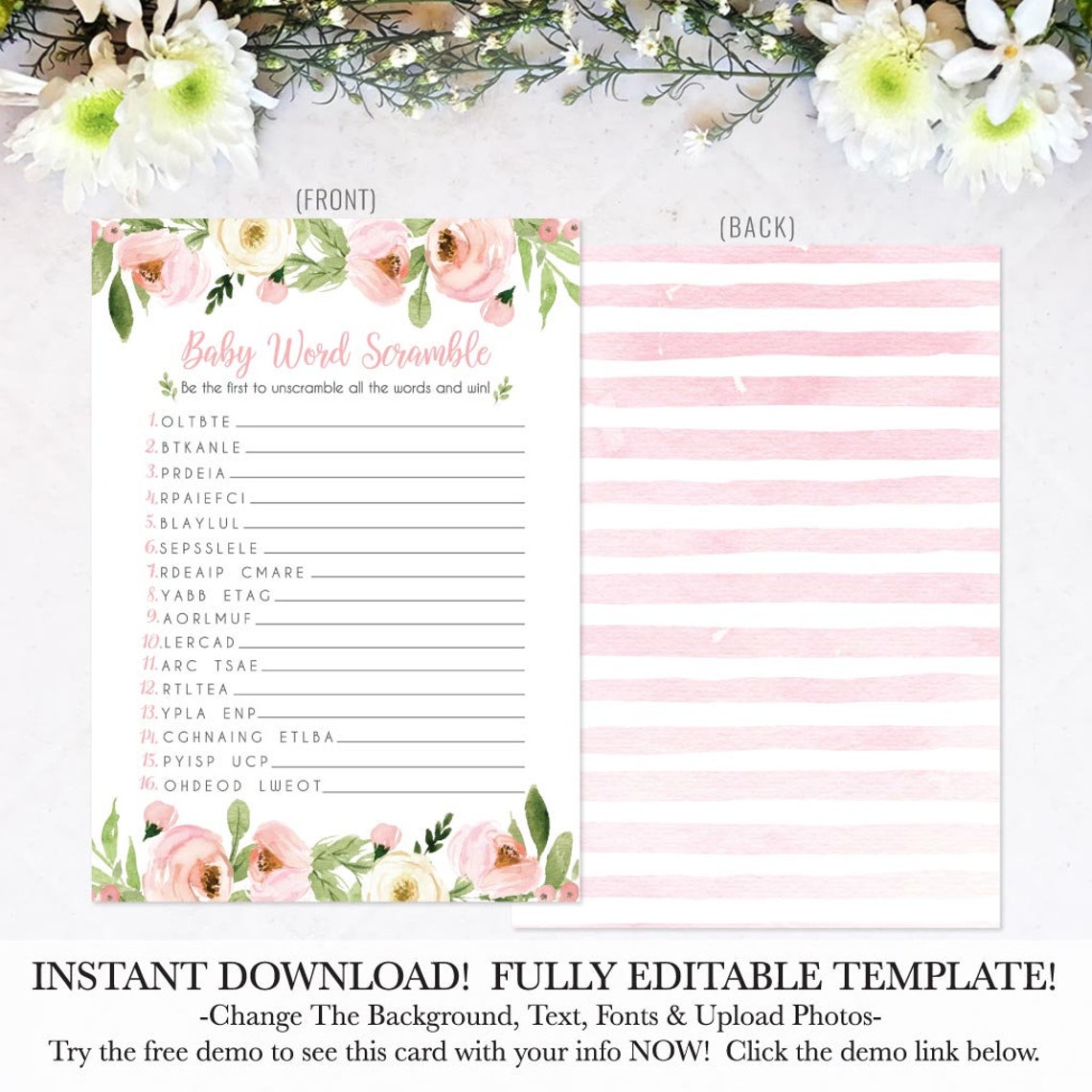 Pink Watercolor Floral Wreath Word Scramble Games Word - Etsy