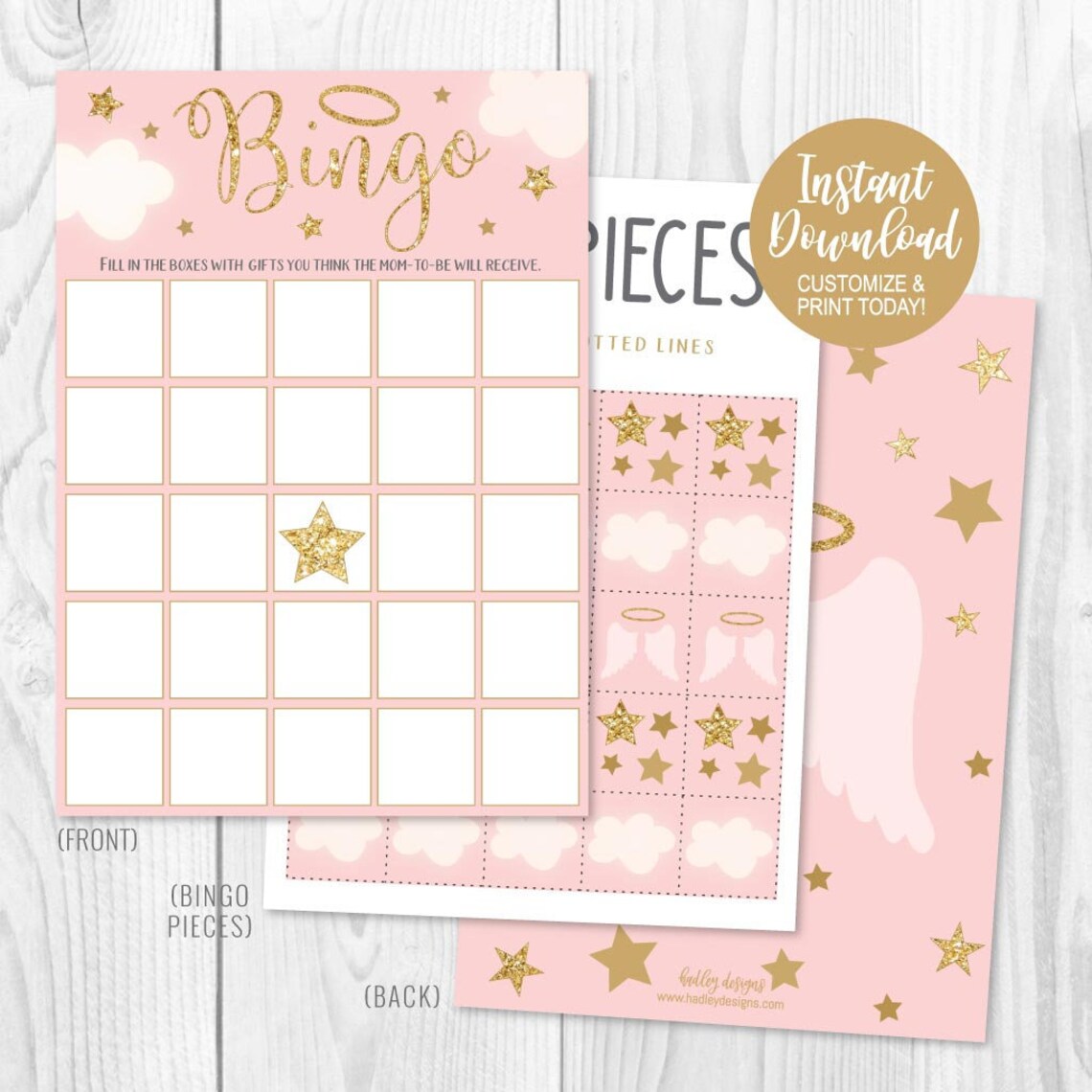Angel Girl Pink Gold Baby Shower Bingo Printable, Bingo Baby Shower ...