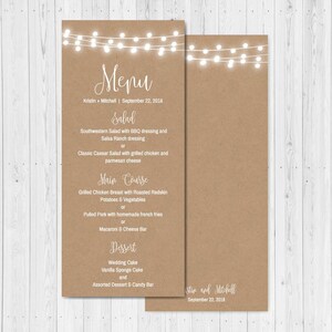 Kraft Lights and Lace Wedding Party Menu Template, 4x9 Editable ...