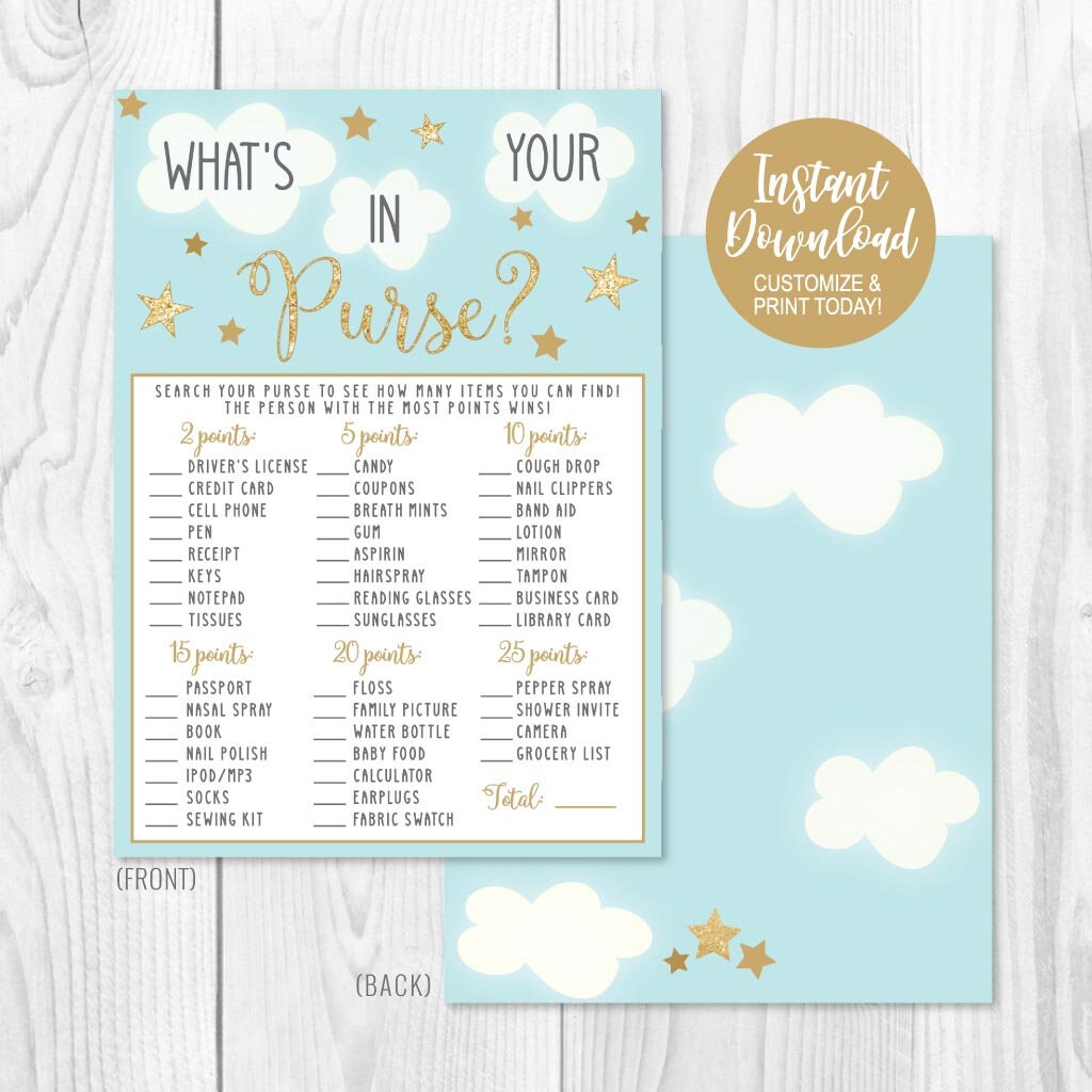 Angel Boy Blue Gold Baby Shower What's in Your Purse Baby Shower Game ...