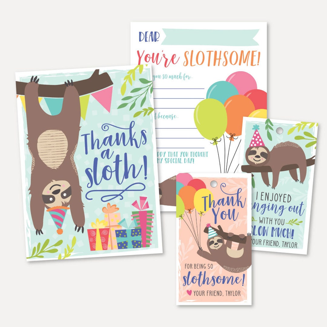 Sloth Kids Party Thank You Package Template - Fill in the Blank Thank ...