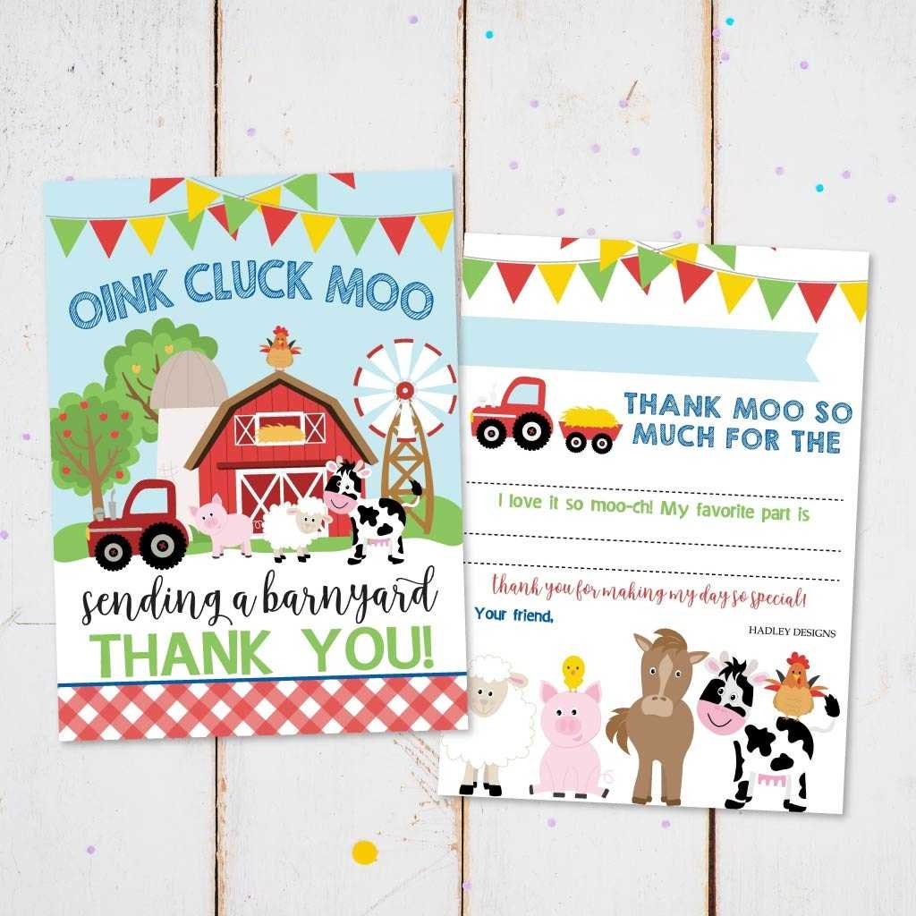 Cartoon Farm Kids Party Fill in the Blank Thank You Card Template ...