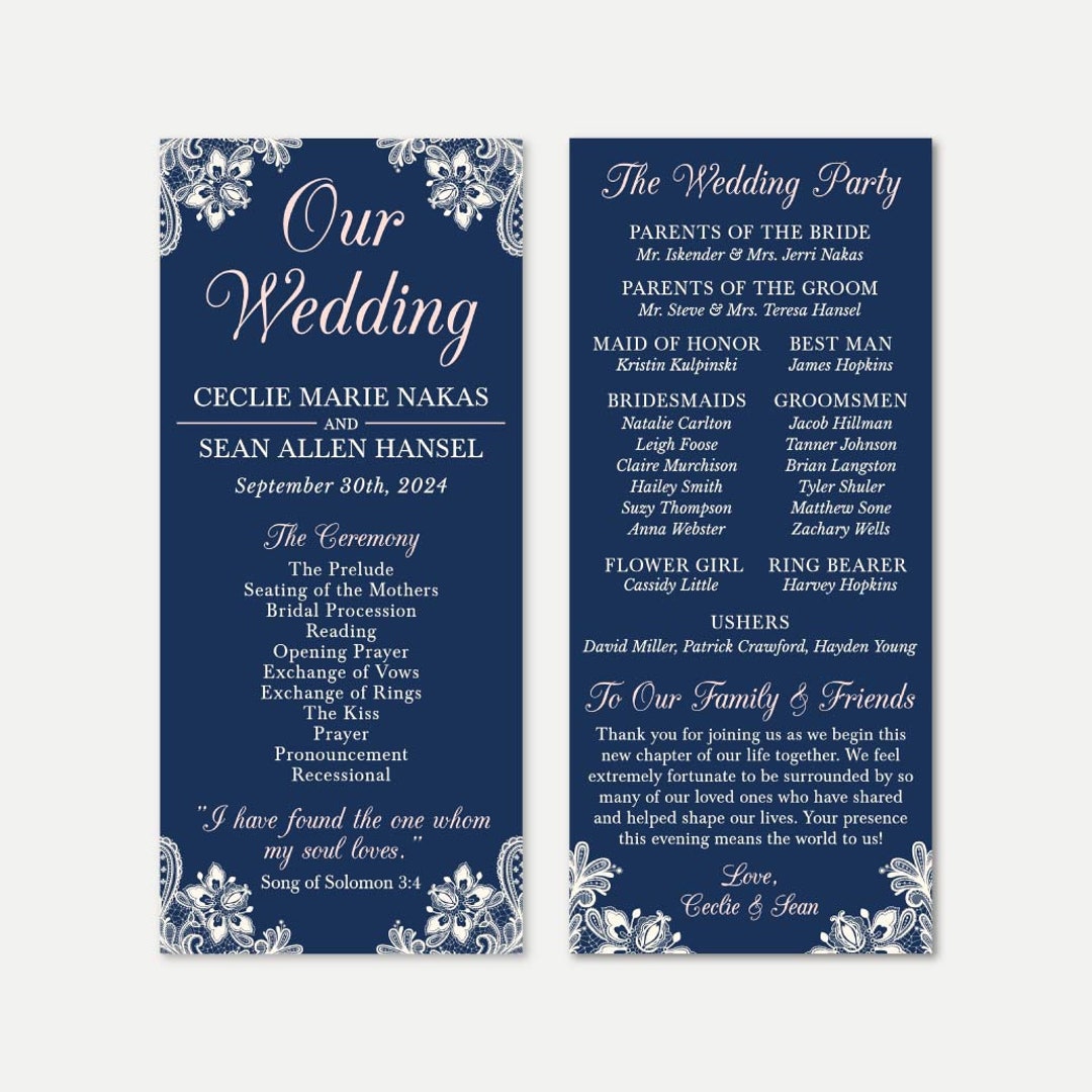 Elegant Navy and Blush Lace Wedding Program Template - Programs Designs ...
