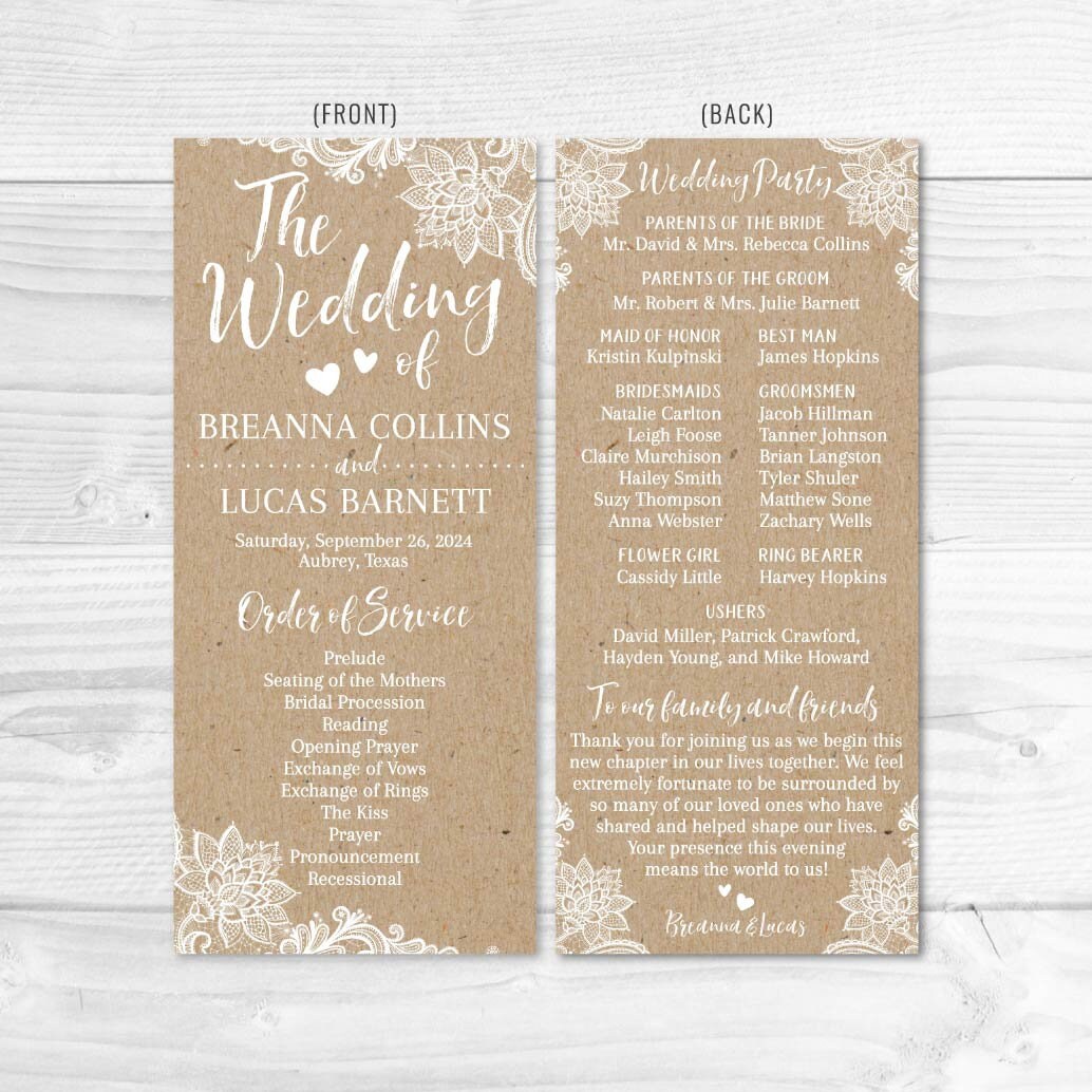 Kraft Lace Rustic Wedding Program Template Programs Designs - Etsy