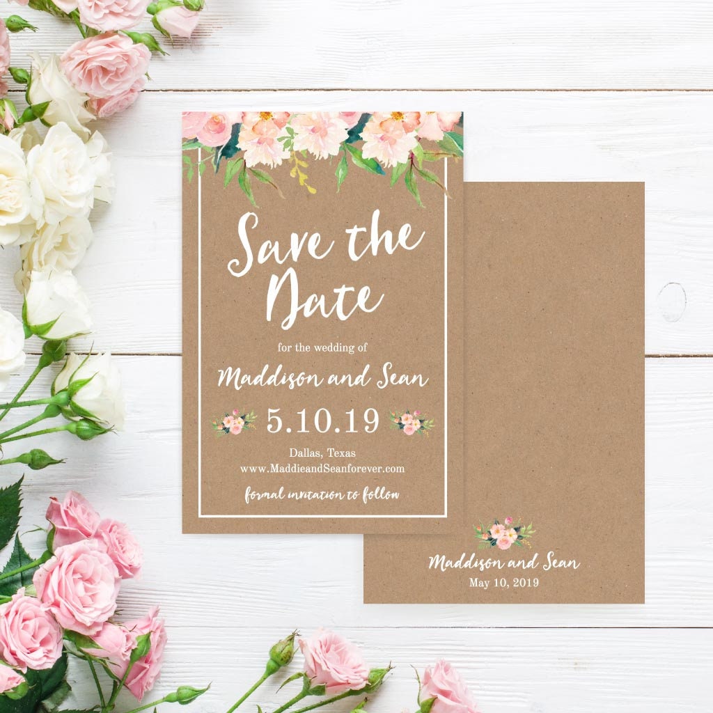 Kraft Floral Rustic Save the Date Cards Template, Save the Date ...