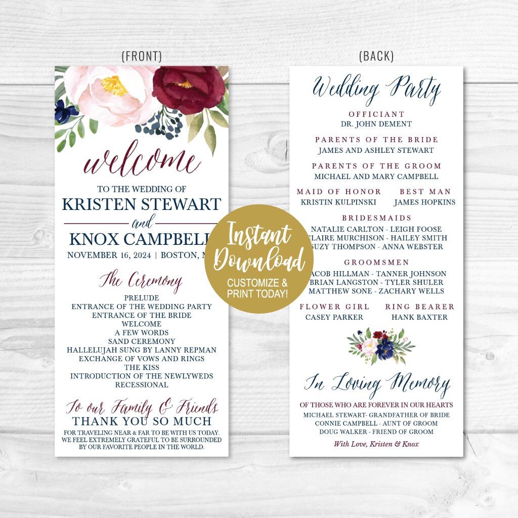 Printable Wedding Programs Download Wedding Program Layout | Etsy