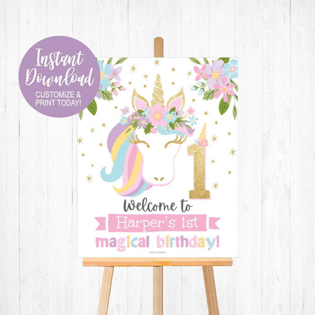 Welcome Party Sign Floral Unicorn Kids Party, First Birthday Welcome ...