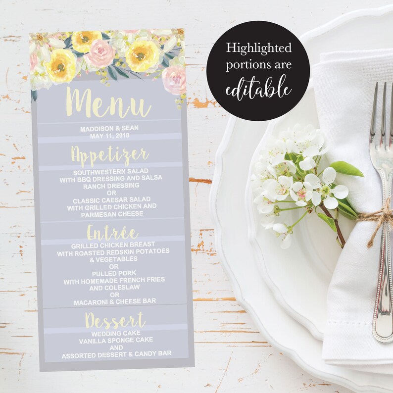 Floral Wedding Reception Menu Template Modern Spring Summer | Etsy