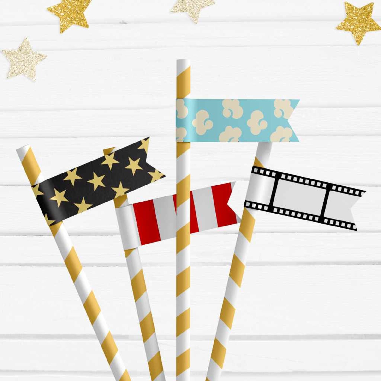 Movie Night Straw Flags Template Printable Straw Flag Paper - Etsy