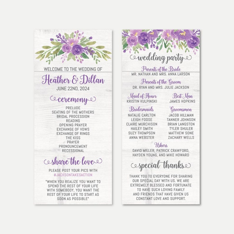 Purple Rustic Floral Wedding Program Template Programs - Etsy
