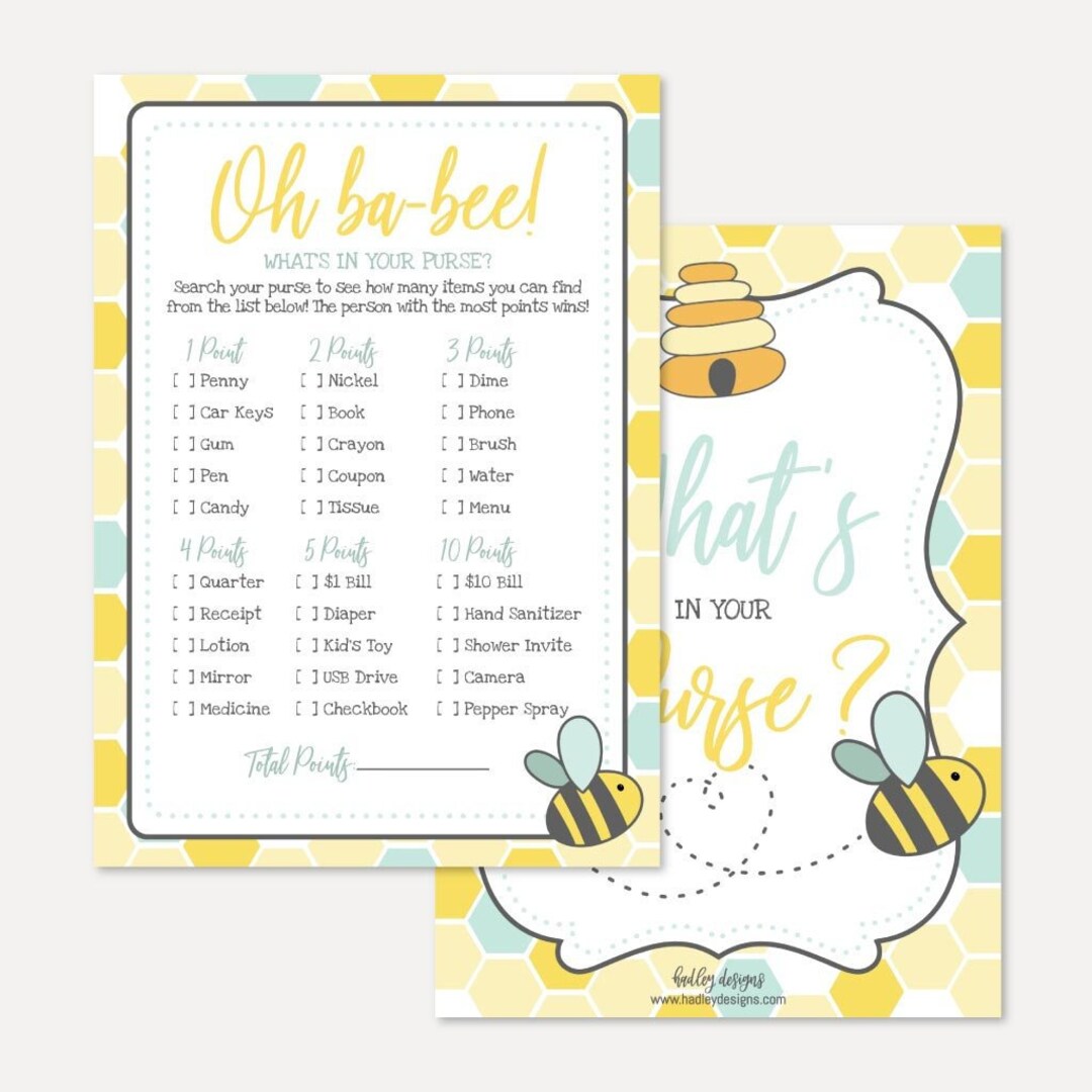 Bee Baby Shower What's in Your Purse? Game Template - Whats in Your ...