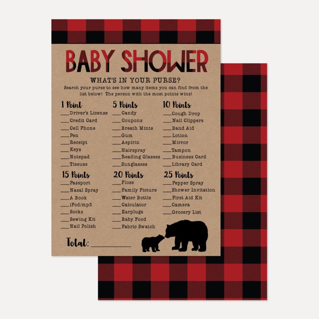 Plaid Bear Baby Shower What's in Your Purse Baby Shower Game, Whats in ...