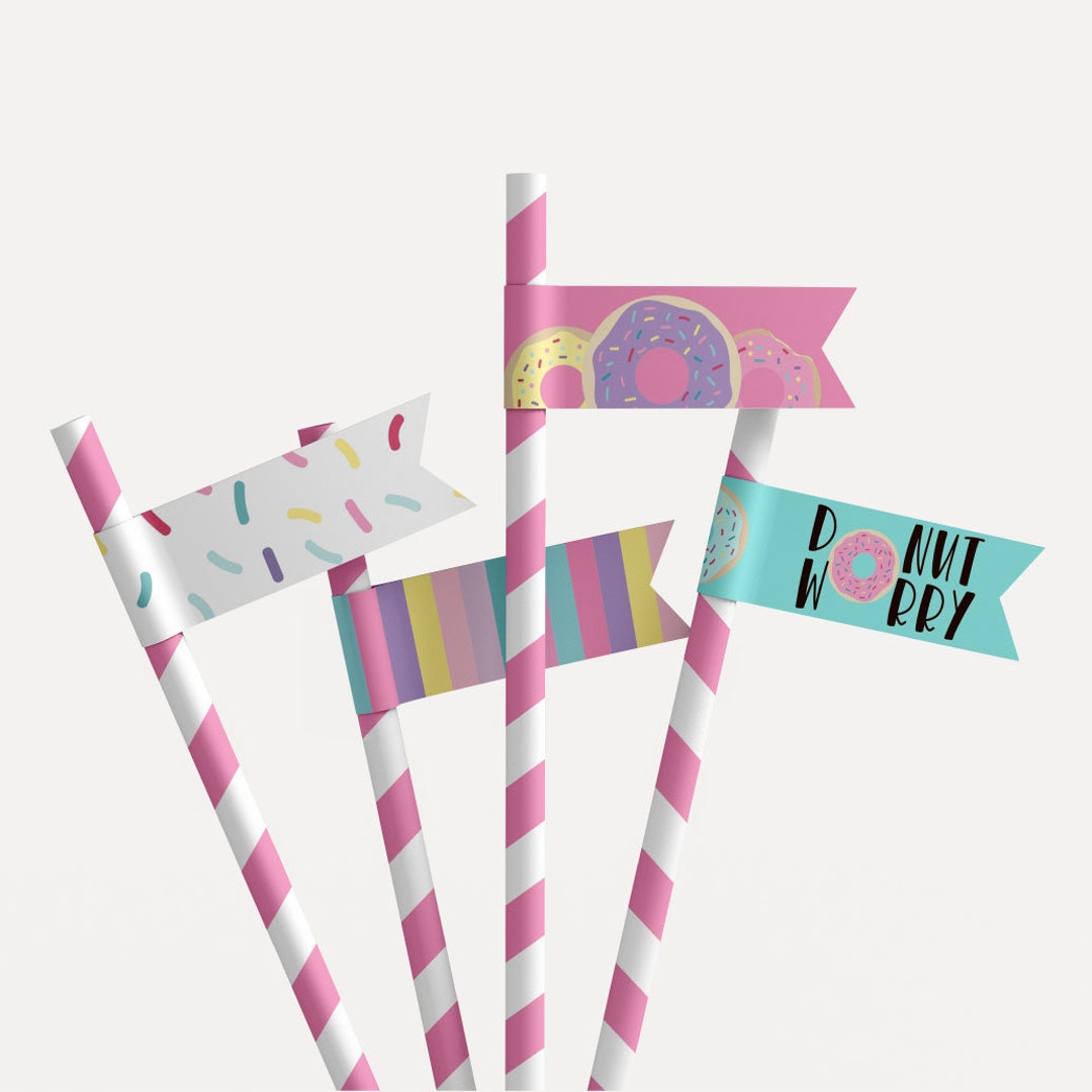 Donut Kids Party Straw Flags Template - Printable Straw Flag, Printable ...