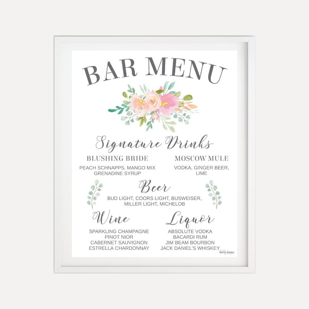Blush Floral Modern Wedding Bar Menu Sign Template Printable | Etsy