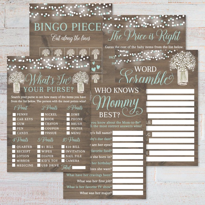 Wood Rustic Floral Boy Baby Shower Game Set Templates bingo - Etsy