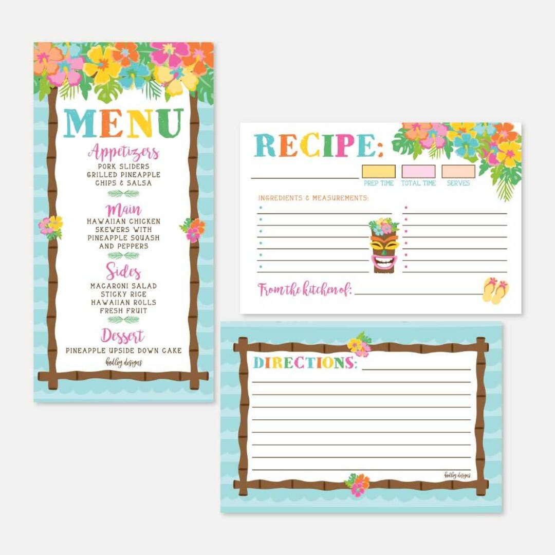 Luau Party Menu and Recipe Card Package Templates - Luau Menu and ...