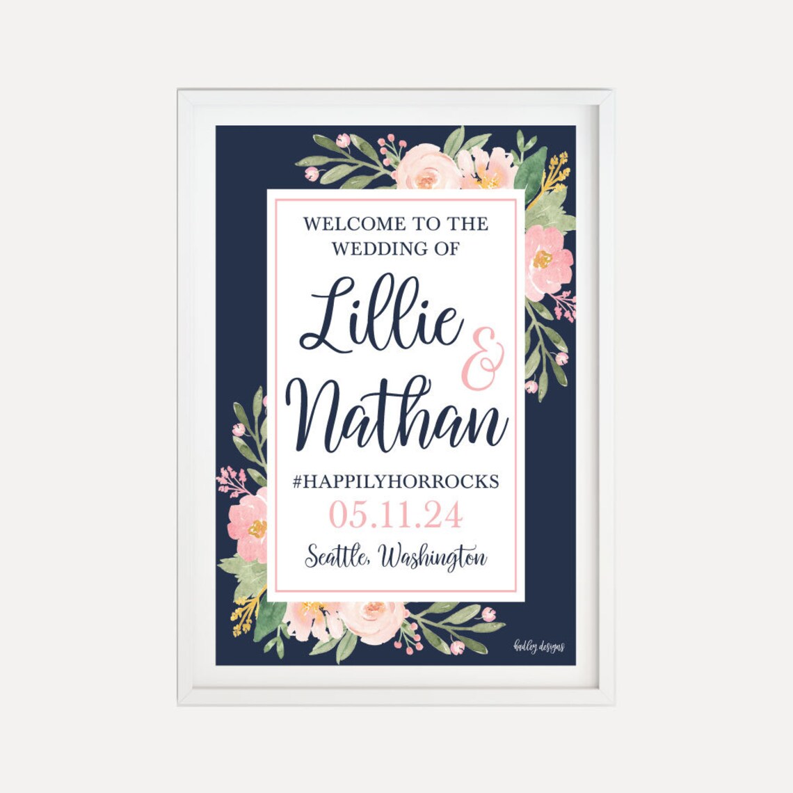 Navy and Blush Floral Wedding Welcome Sign Template Welcome | Etsy