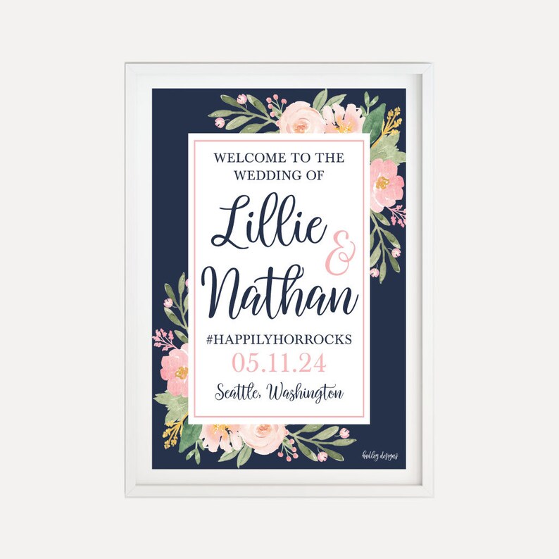 Navy and Blush Floral Wedding Welcome Sign Template Welcome | Etsy