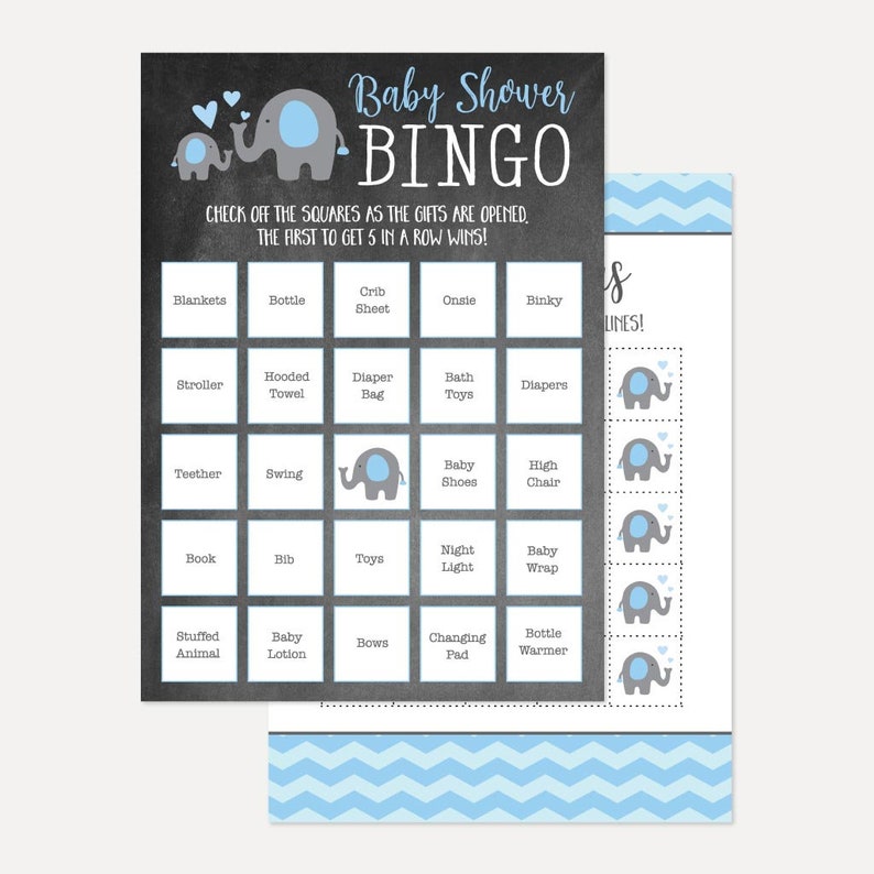 Blue Chevron and Chalk Elephant Baby Shower Bingo Printable | Etsy