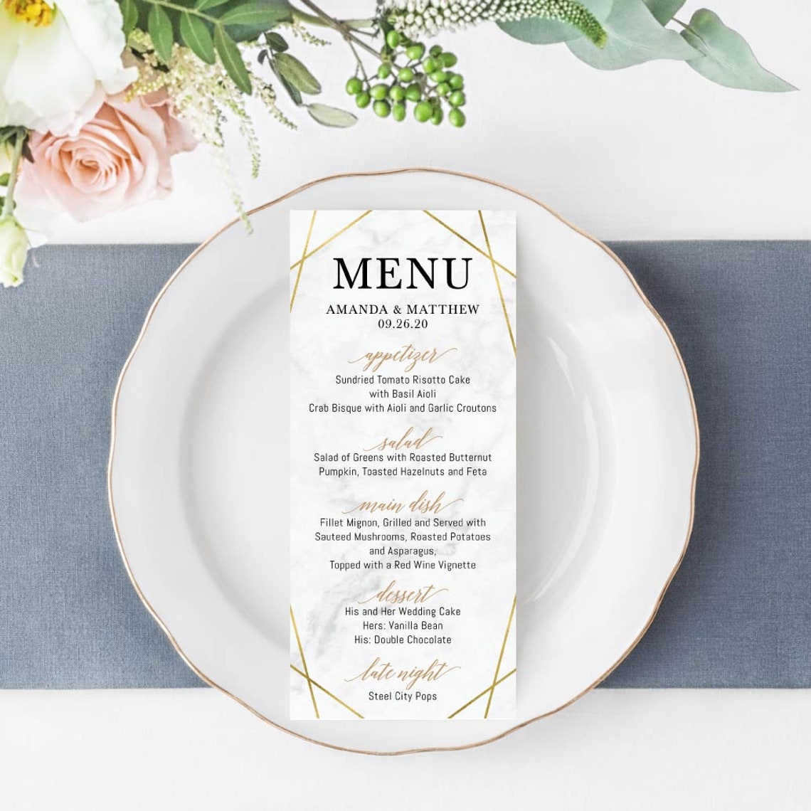 Marble and Gold Geometric Wedding Menu Template Party Menu - Etsy