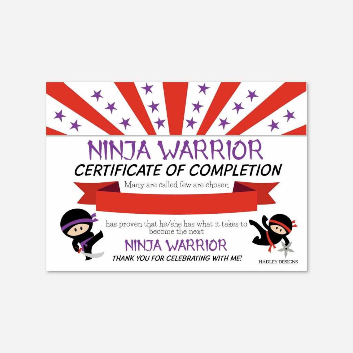 Ninja Kids Party Certificate of Completion Template - Custom ...