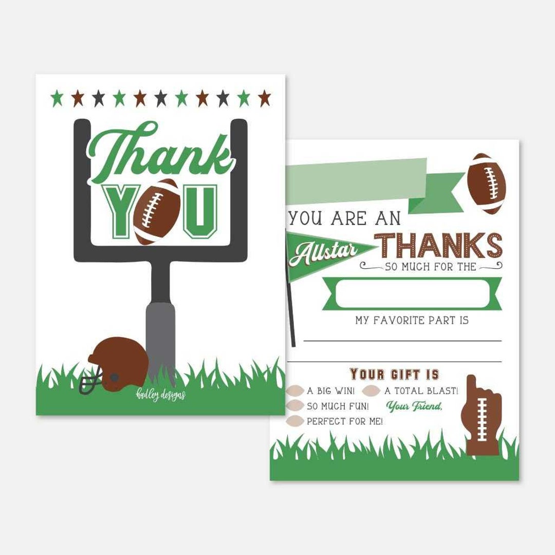 Football Kids Party Fill in the Blank Thank You Card Template -football ...