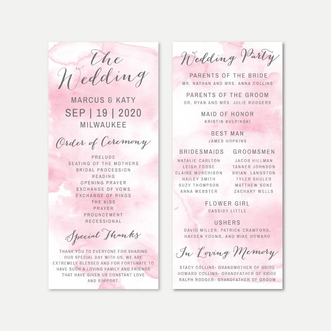 Pink Watercolor Splash Wedding Program Template - Wedding Programs ...