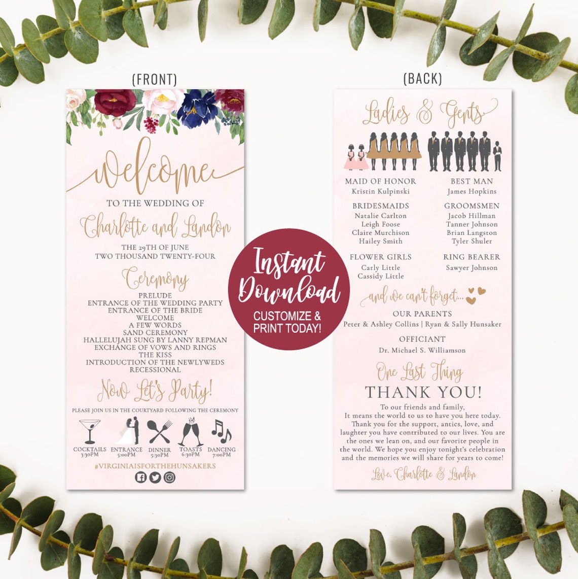 Wedding Program Template Download Wedding Program Thank You - Etsy