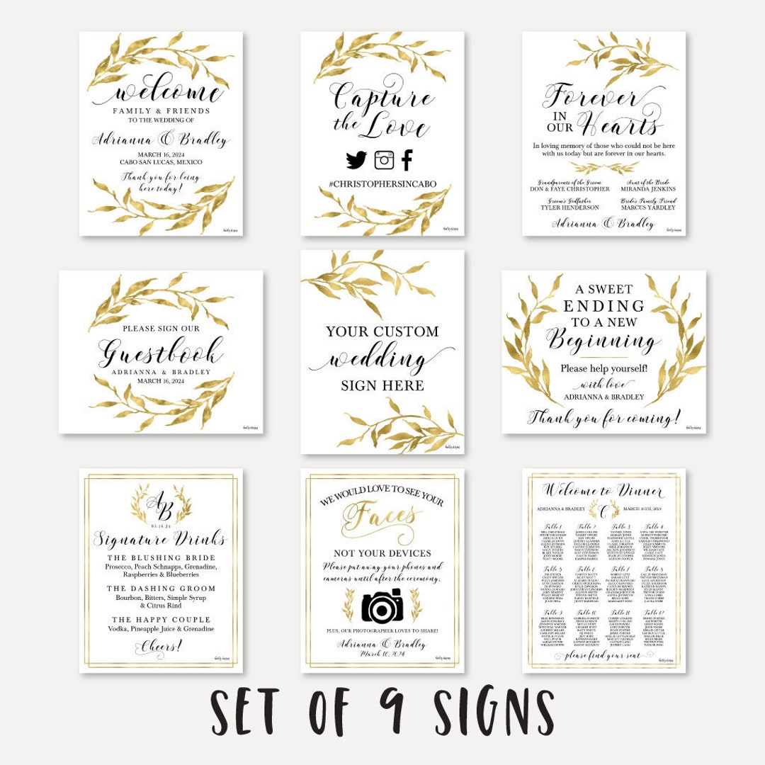 Gold Shimmer Laurel Wedding Signs Set Templates Seating - Etsy