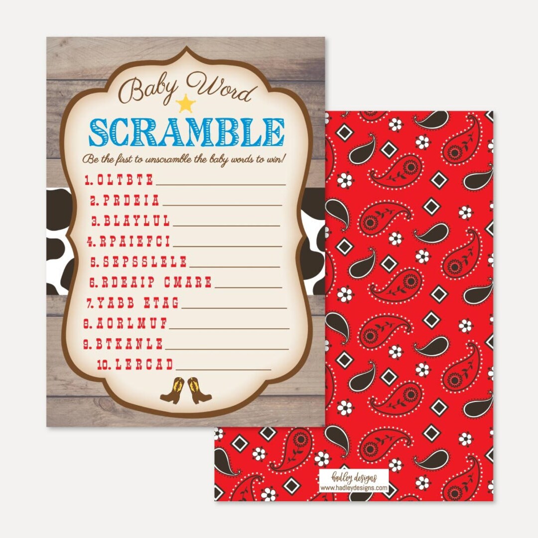 Cowboy Baby Shower Word Scramble Game Template - Word Scramble Baby ...