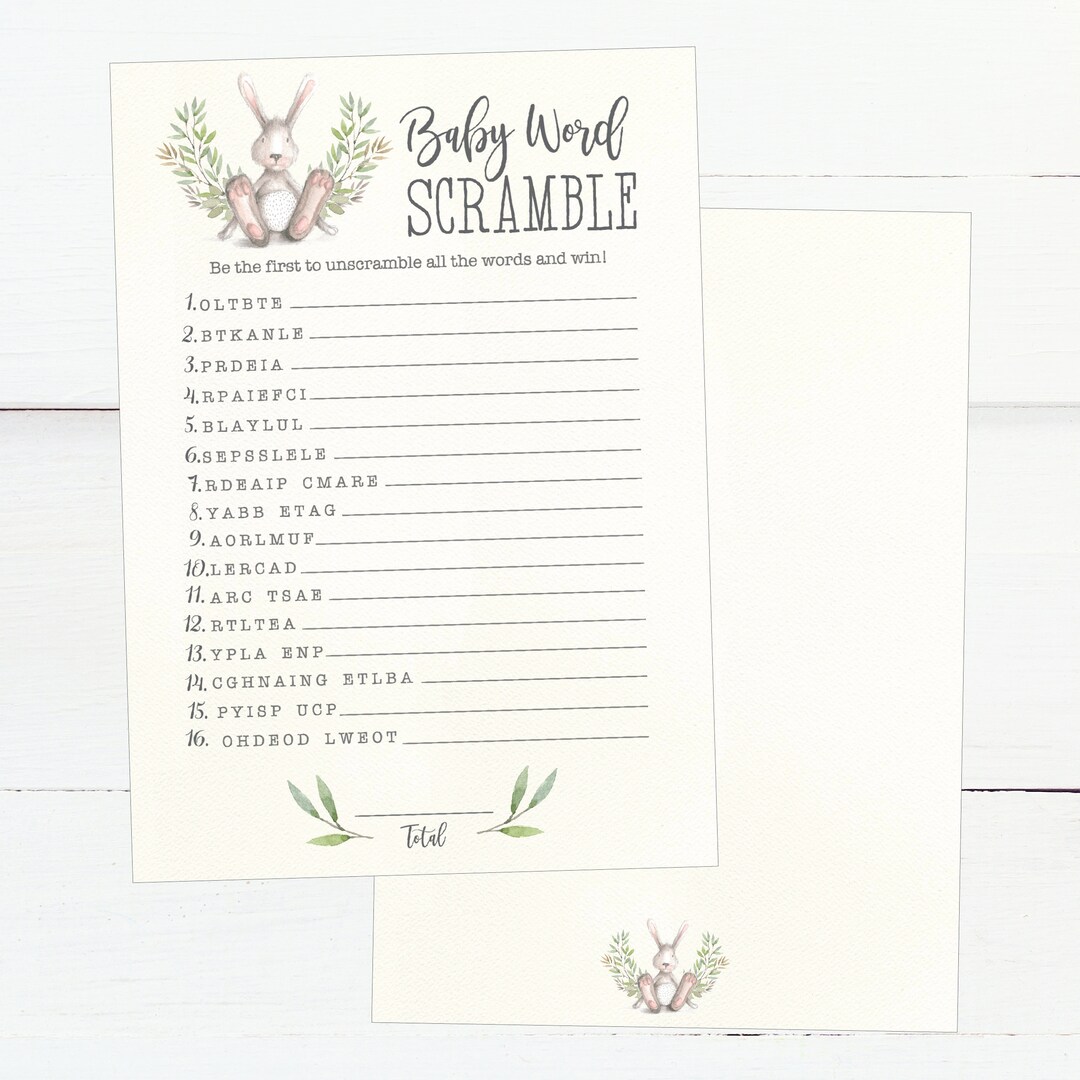 Greenery and Bunny Baby Word Scramble Games, Word Scramble Baby Shower ...