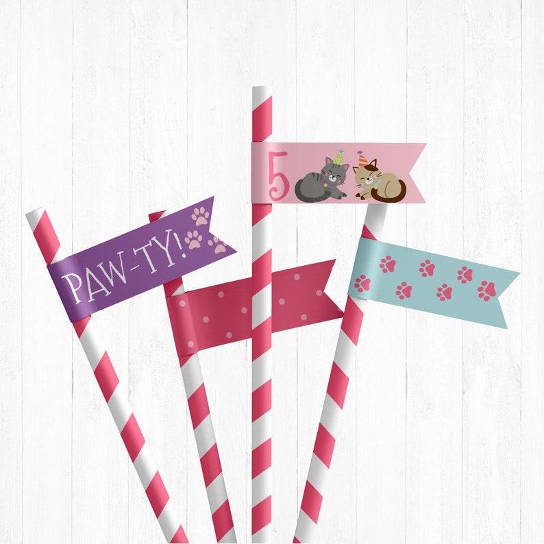 Cat Kids Party Straw Flags Template Printable Straw Flag - Etsy