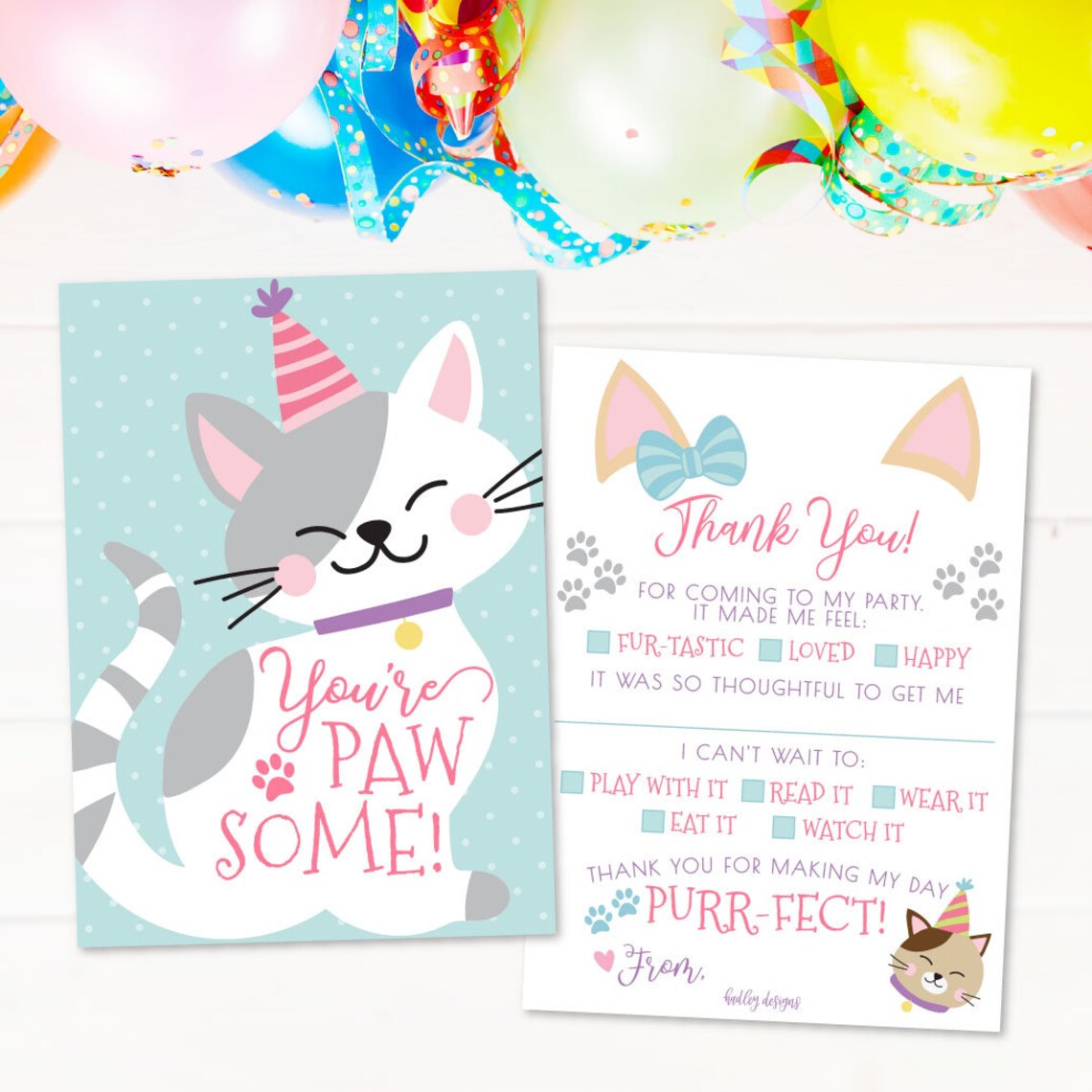 Cat Kids Birthday Fill in Thank You Card Template Fill in - Etsy