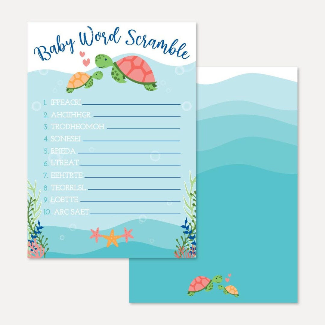 Sea Turtle Baby Shower Word Scramble Game Template - Word Scramble Baby ...