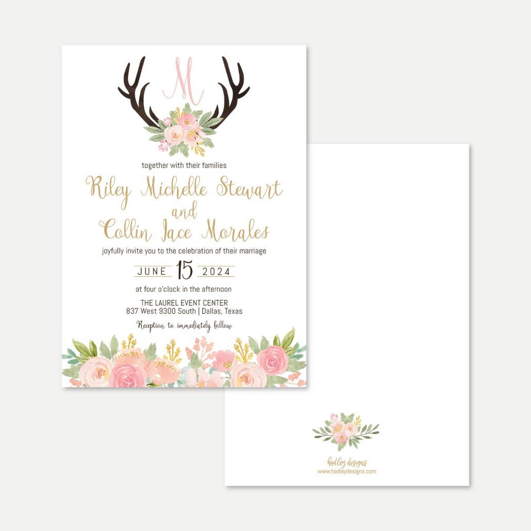 Deer Antler Wedding Invitation Template - Bohemian Wedding Invitation ...