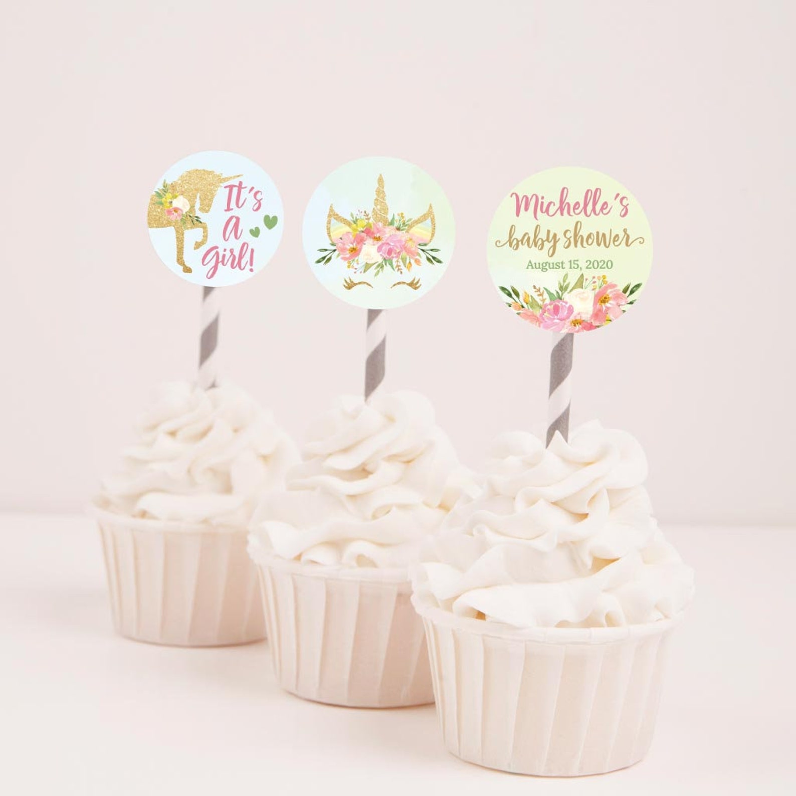 Gold Glitter Unicorn Baby Shower Cupcake Toppers Template | Etsy