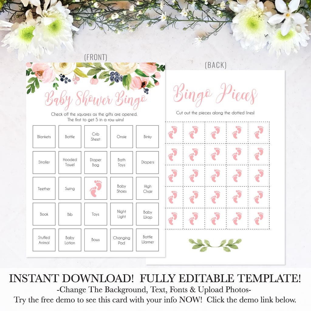 Pink Cream and Blue Girl Floral Baby Shower Bingo Printable, Bingo Baby ...