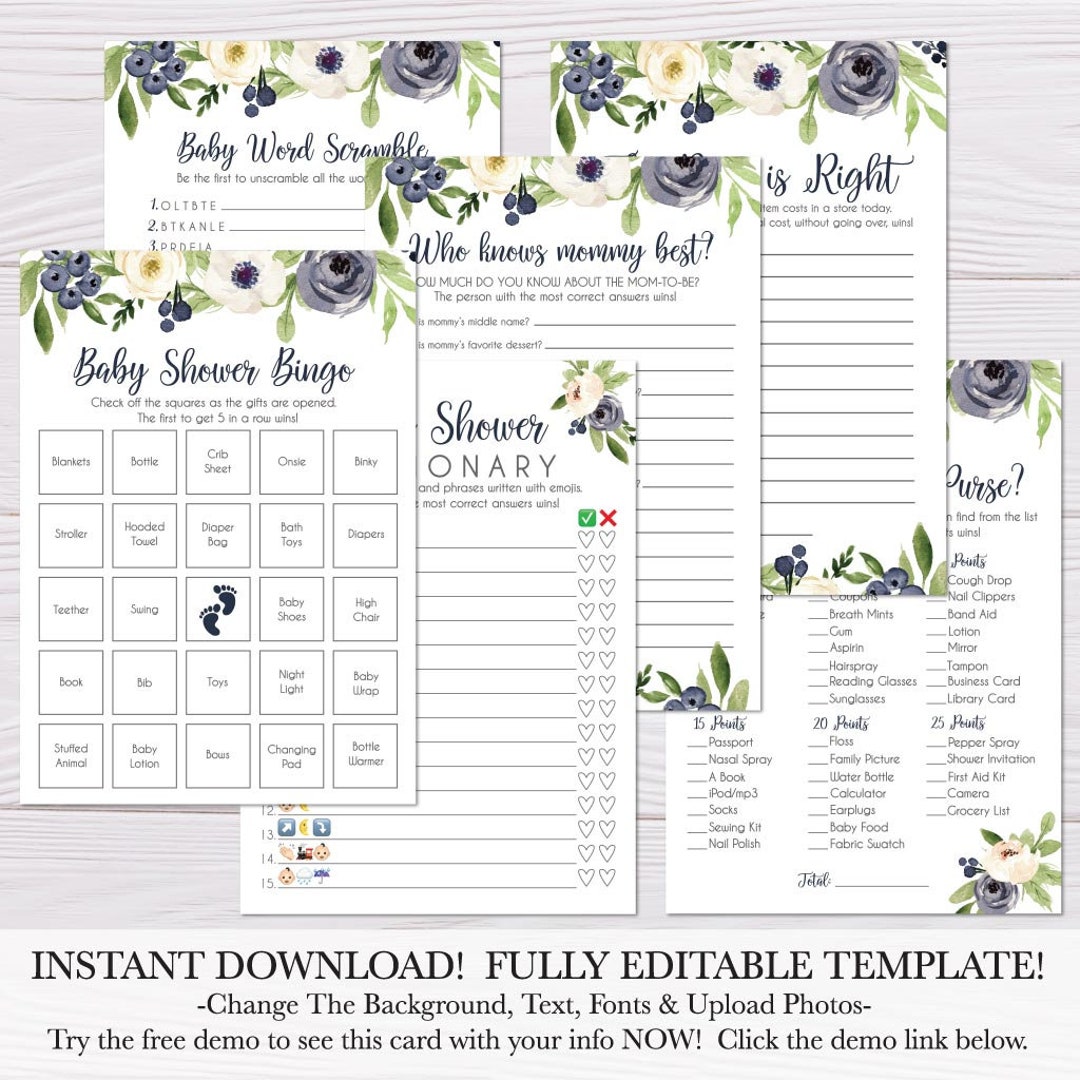 Navy Watercolor Floral Wreath Baby Shower Game Suite, Baby Shower Game ...
