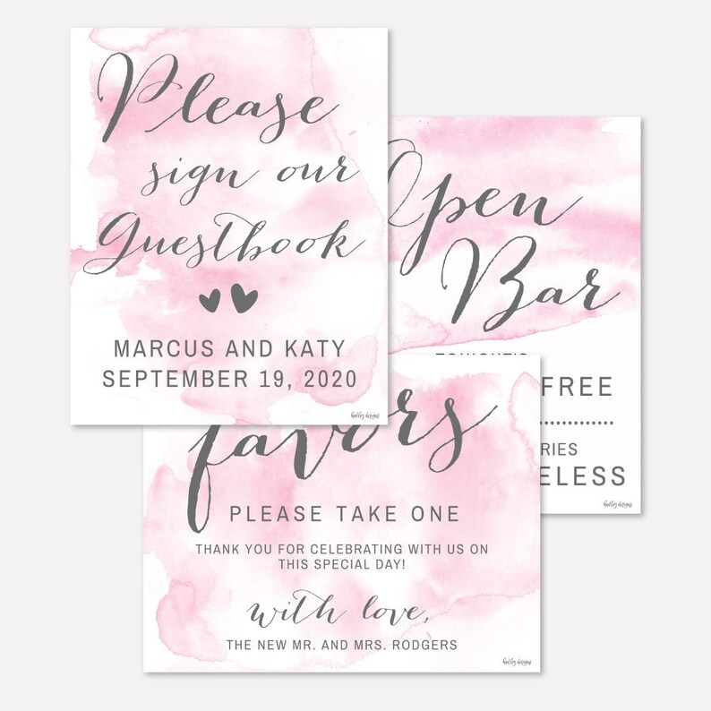 Pink Watercolor Splash Wedding Signs Set Seating | Etsy