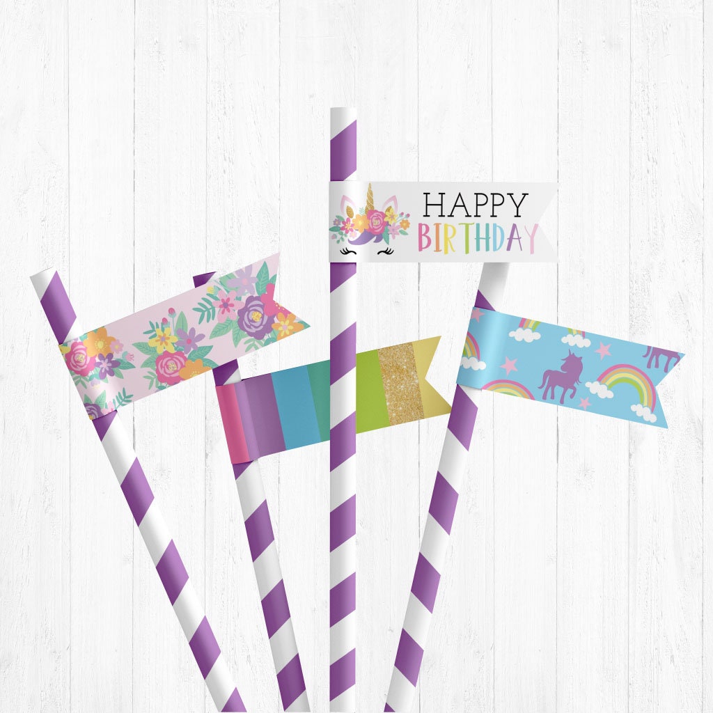Floral Unicorn Kids Party Straw Flags Template - Printable Straw Flag ...