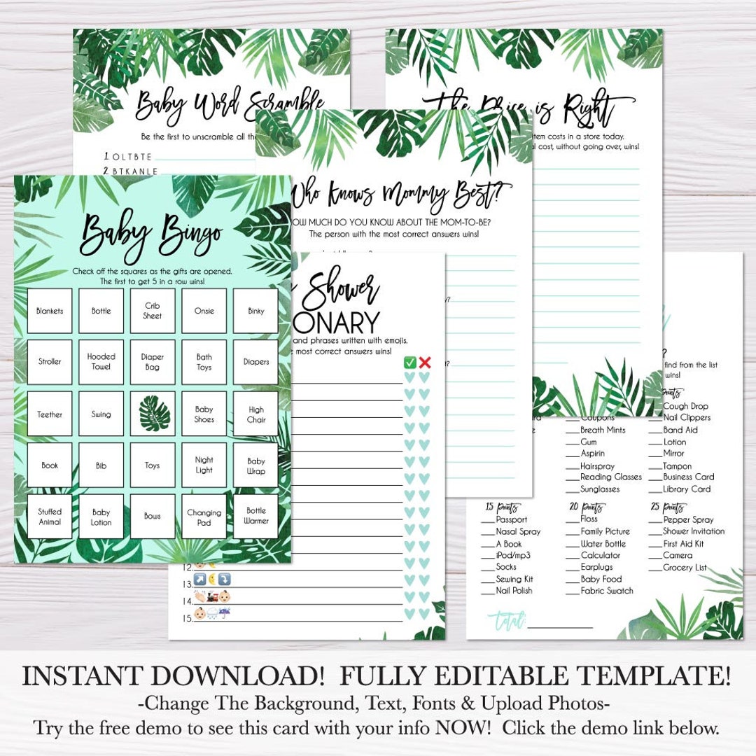 Tropical Baby Shower Teal Baby Shower Game Suite, Baby Shower Game ...