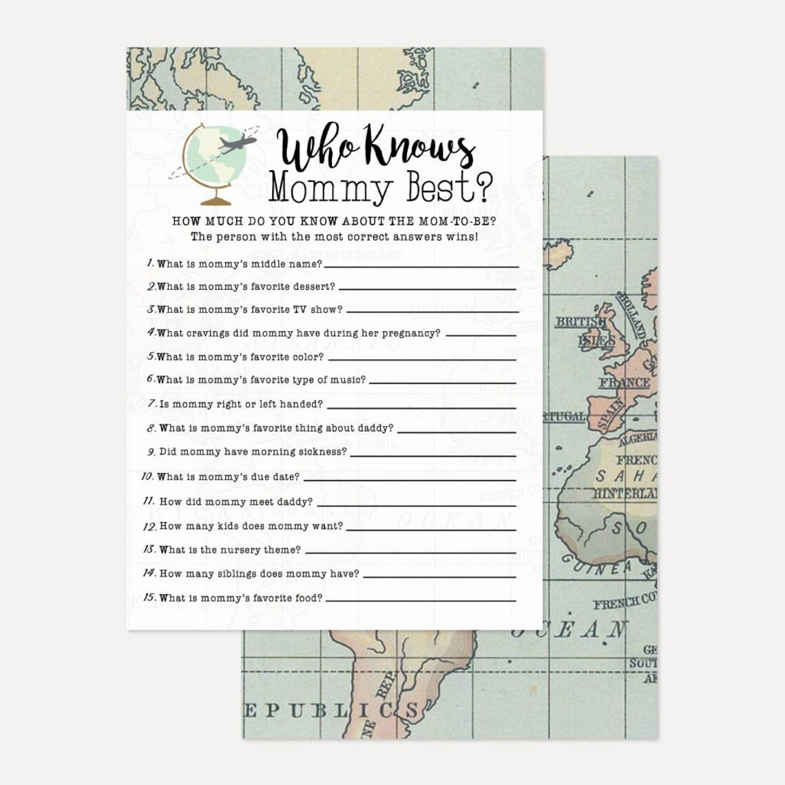 Globe Map Travel Baby Shower Who Knows Mommy Best Game DIY | Etsy