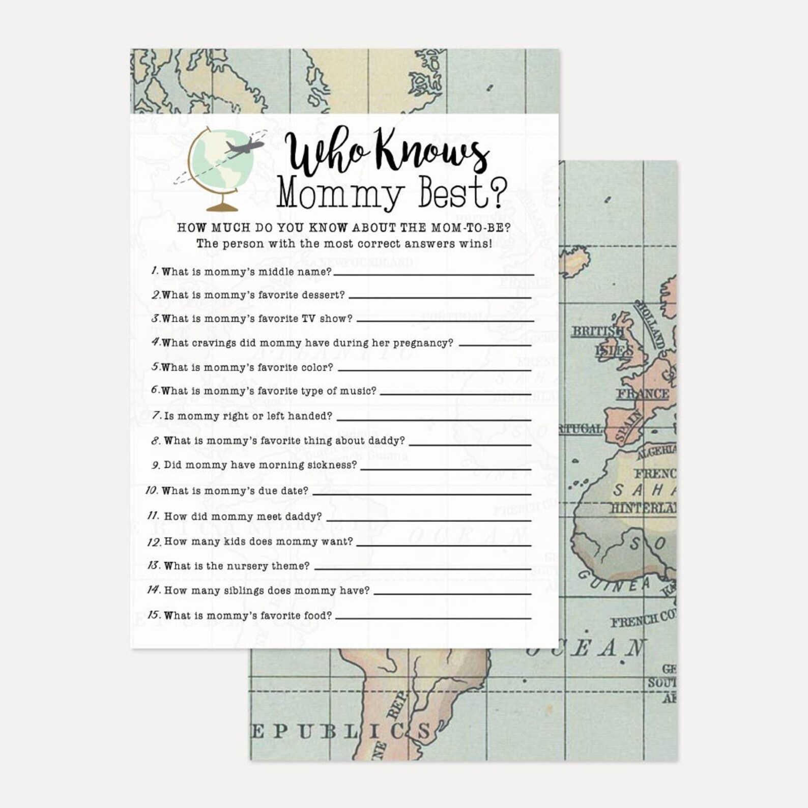 Globe Map Travel Baby Shower Who Knows Mommy Best Game, DIY Baby Shower ...