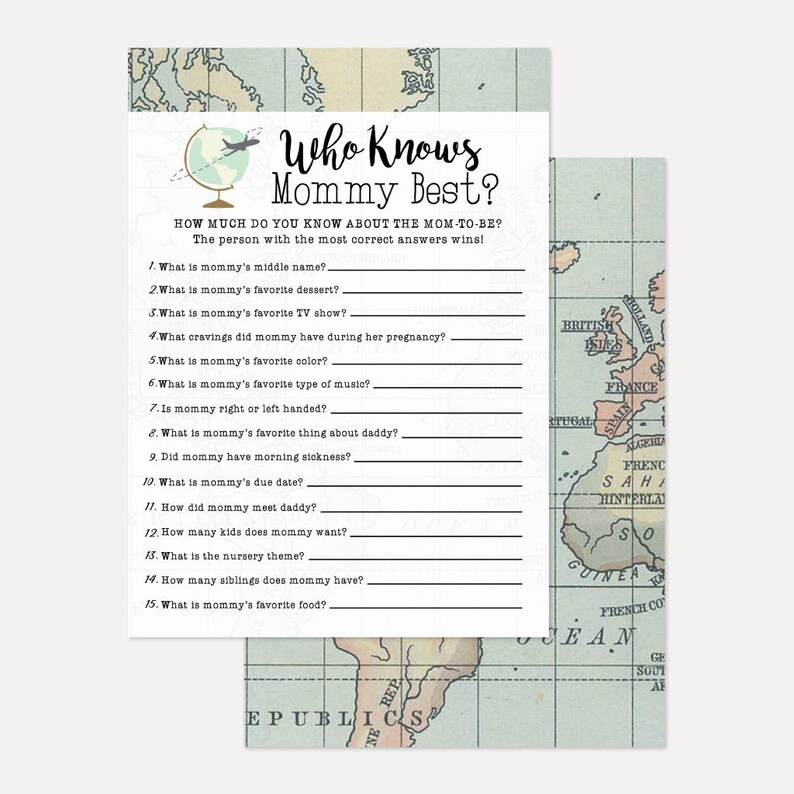 Globe Map Travel Baby Shower Who Knows Mommy Best Game DIY | Etsy
