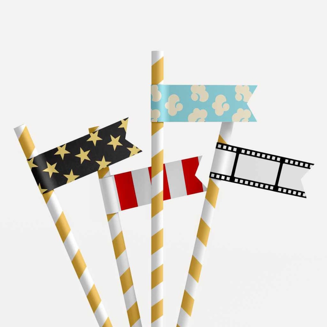 Movie Night Straw Flags Template - Printable Straw Flag, Paper Straw ...