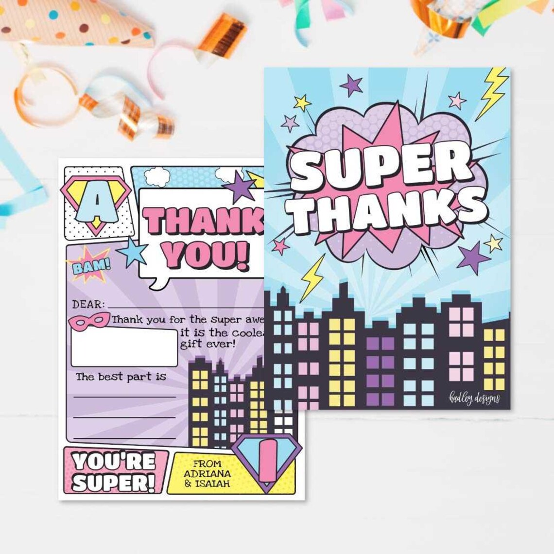 Superhero Kids Party Fill in the Blank Thank You Card | Etsy