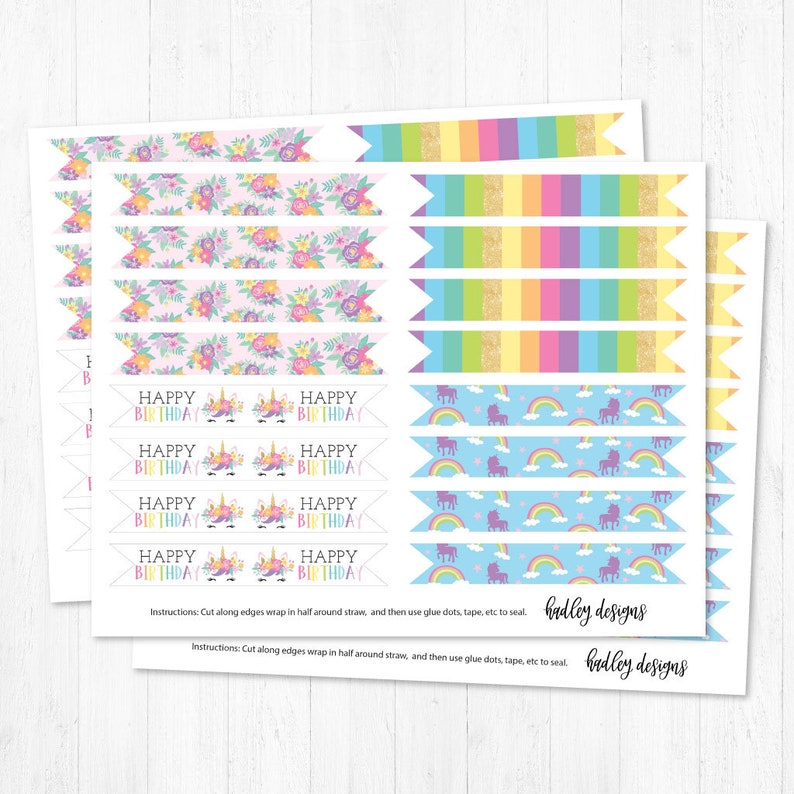 Floral Unicorn Kids Party Straw Flags Template Printable | Etsy